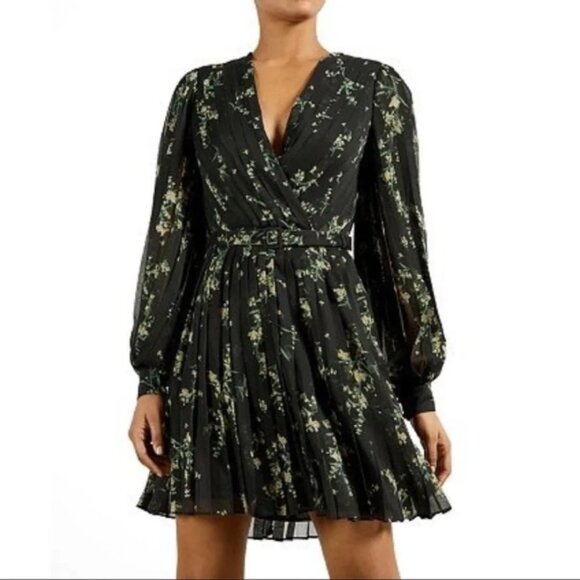 Ted Baker London | Dresses | Ted Baker Dress Izziiy Papyrus Black Floral Print Pleated Party ...